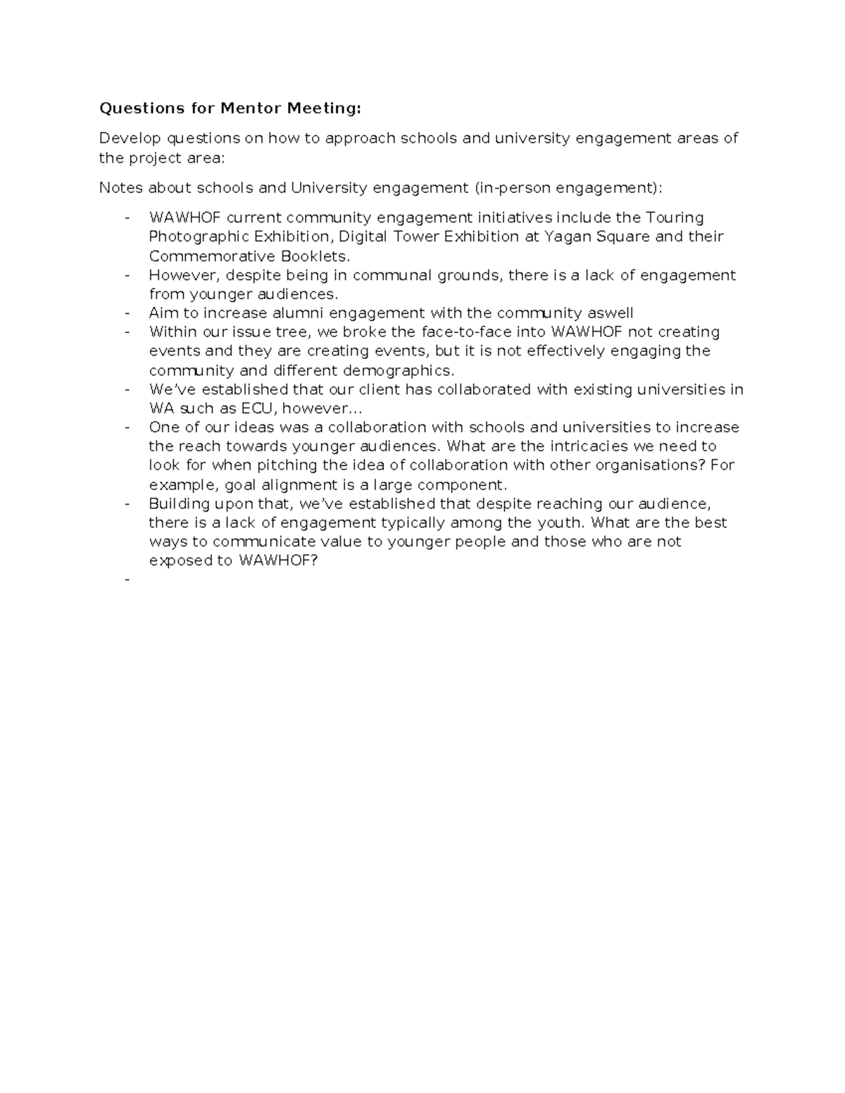 Questions for Mentor Meeting - Questions for Mentor Meeting: Develop ...