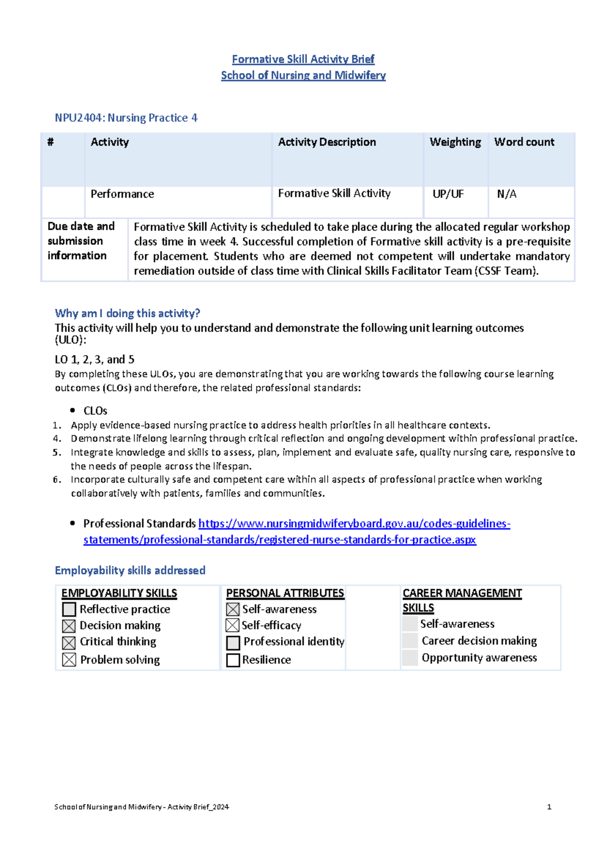 Formative skill activity Brief 2024 S1 2024 - School of Nursing and ...