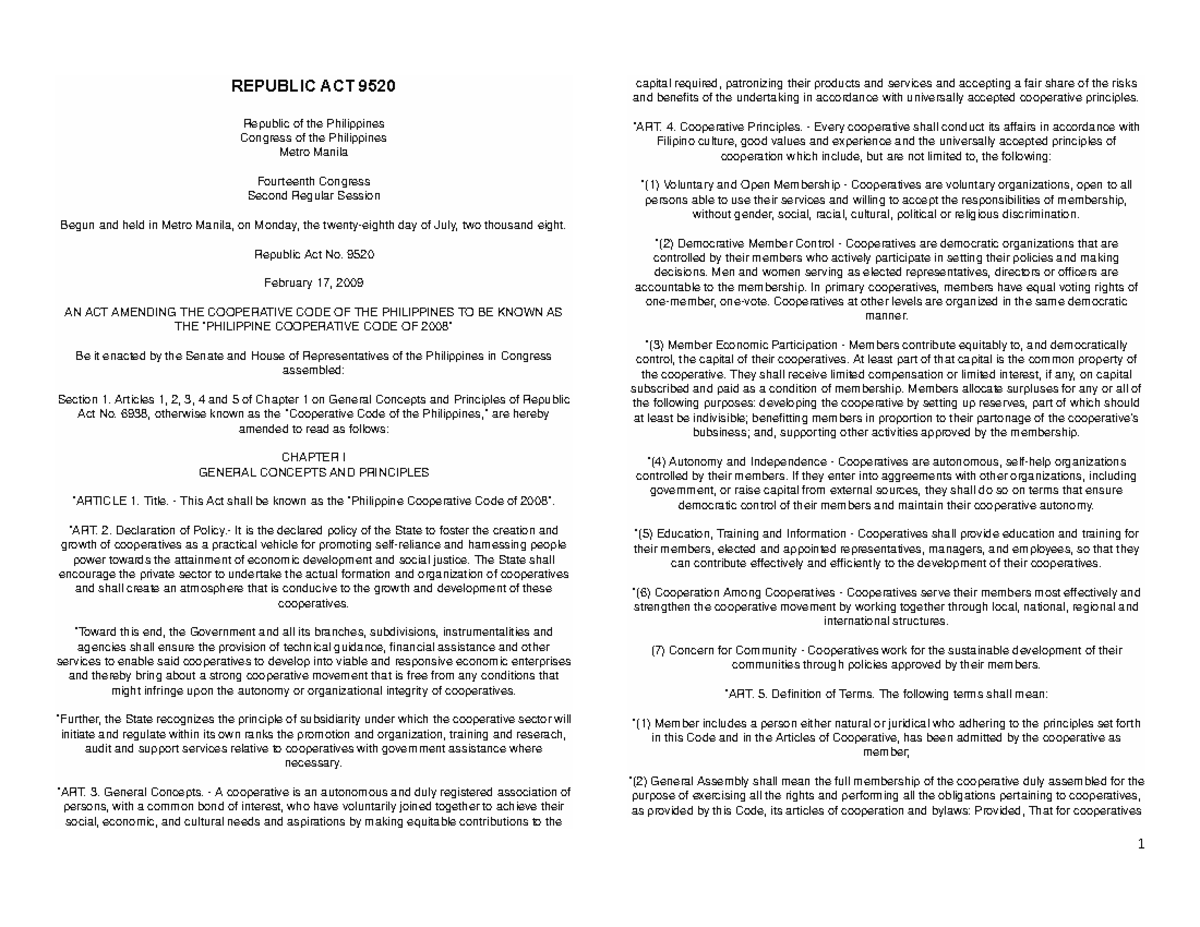 Republic-ACT-9520 - AN ACT AMENDING THE COOPERATIVE CODE OF THE ...
