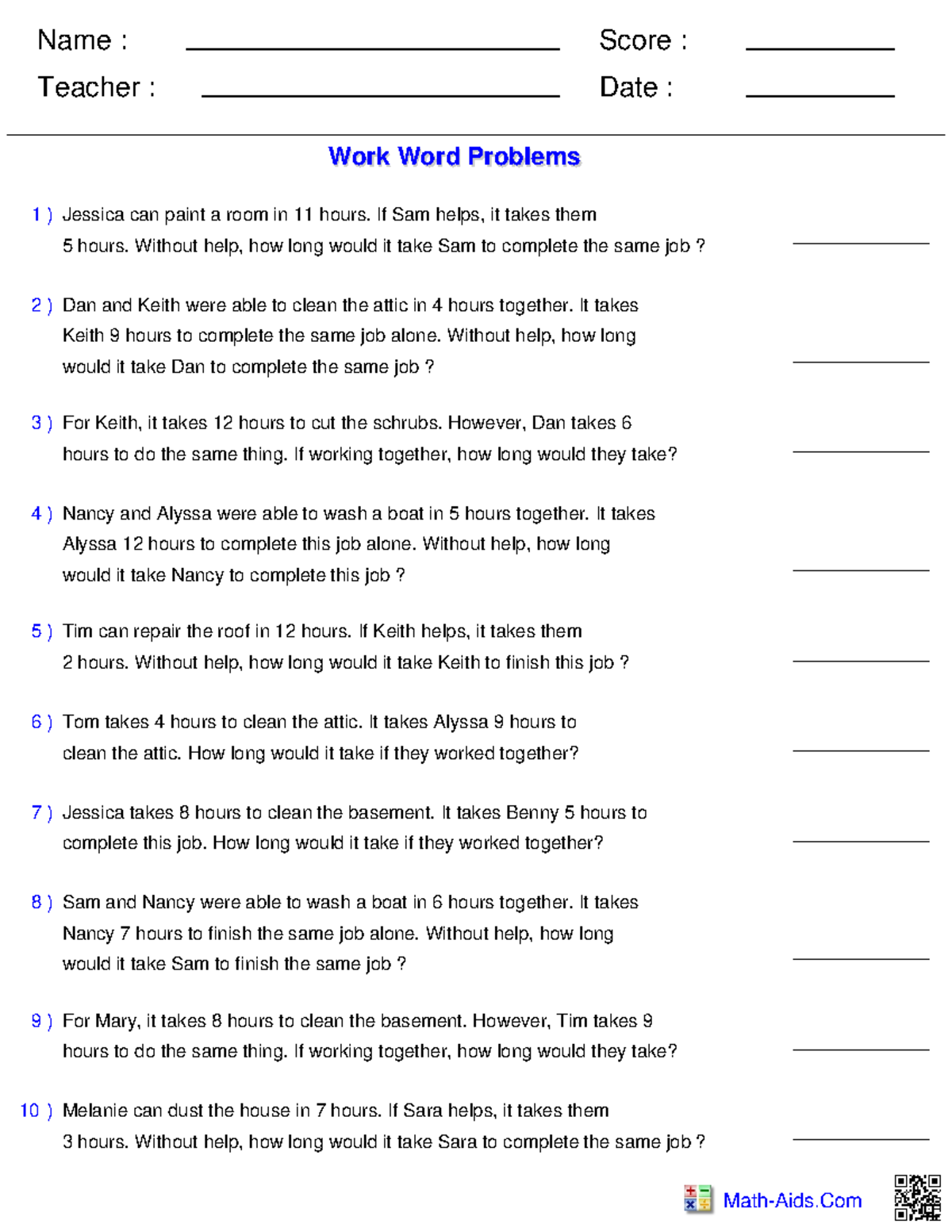 WORD Problems - reviewer - Name : Teacher : Date : Score : Math-Aids ...