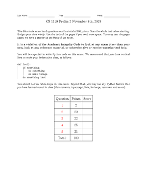 2019 fall prelim 2 answers - CS 1110 Prelim 2 November 21st, 2019 This ...