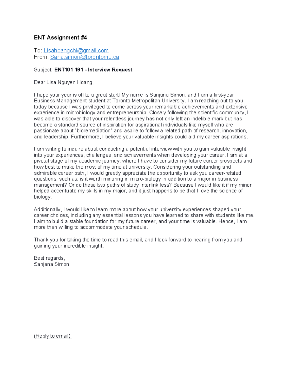 ENT Assignment 4 - ENT Assignment To: Lisahoangchi@gmail From: Sana ...