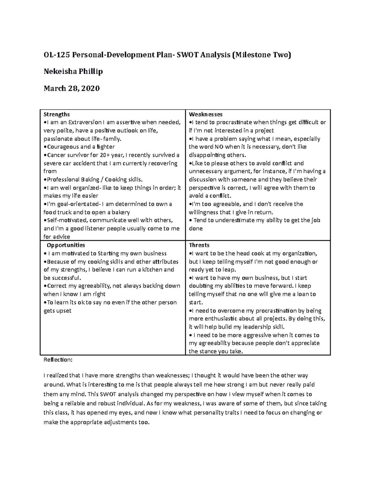 OL-125 personaldevelopmentplan-SWOT analysis (milestone 2) 2 - OL-125 ...