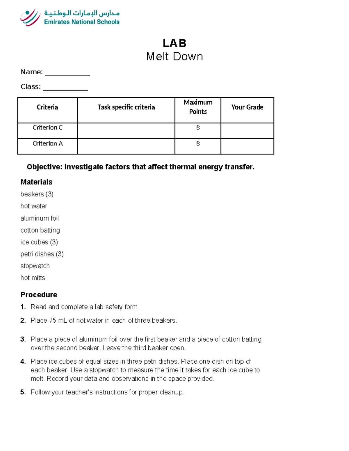 Gr. 6 thermal energy transfer lab - LAB Melt Down Name ...