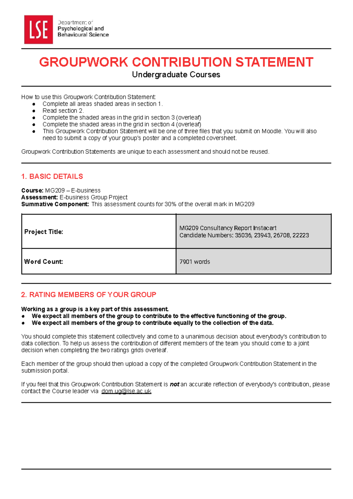 MG209 E-business Project - Groupwork Contribution Statement - GROUPWORK ...