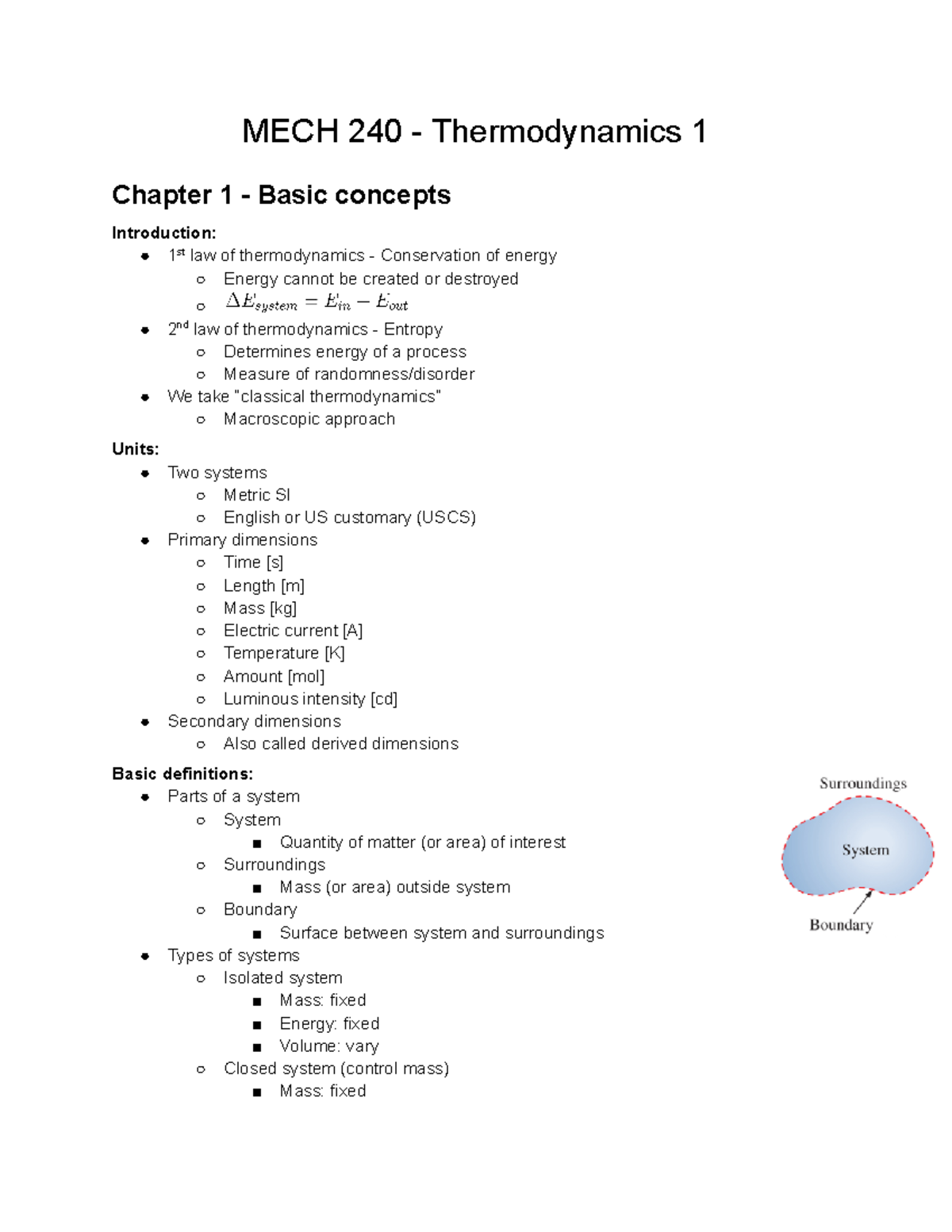 MECH 240 - Notes - yes - MECH 240 - Thermodynamics 1 Chapter 1 - Basic ...