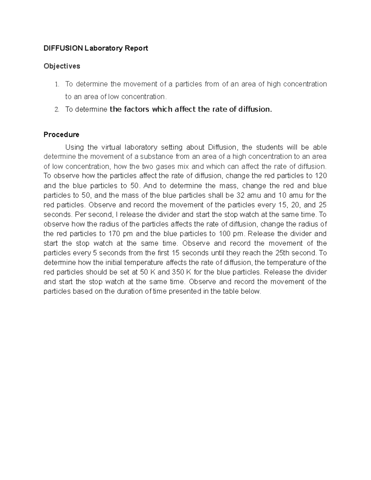 Diffusion Laboratory Report - DIFFUSION Laboratory Report Objectives To ...