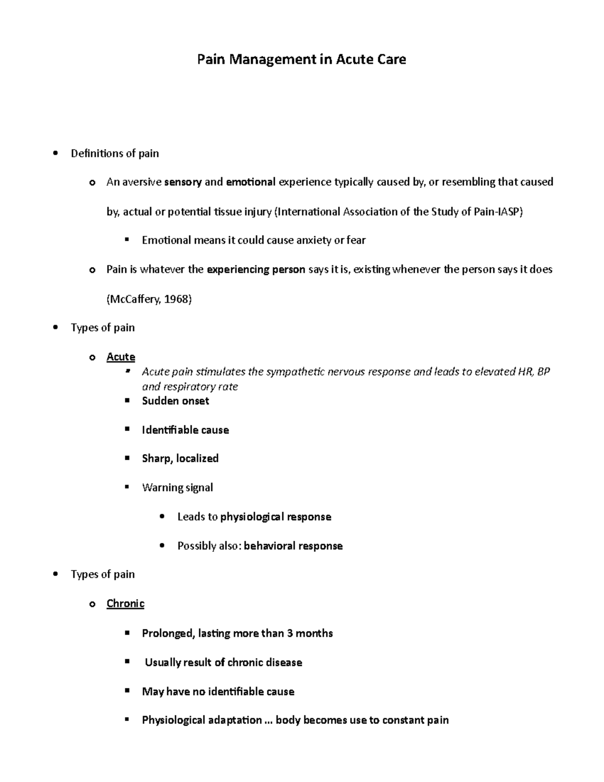 Pain handouts - Lecture notes pain - Pain Management in Acute Care ...
