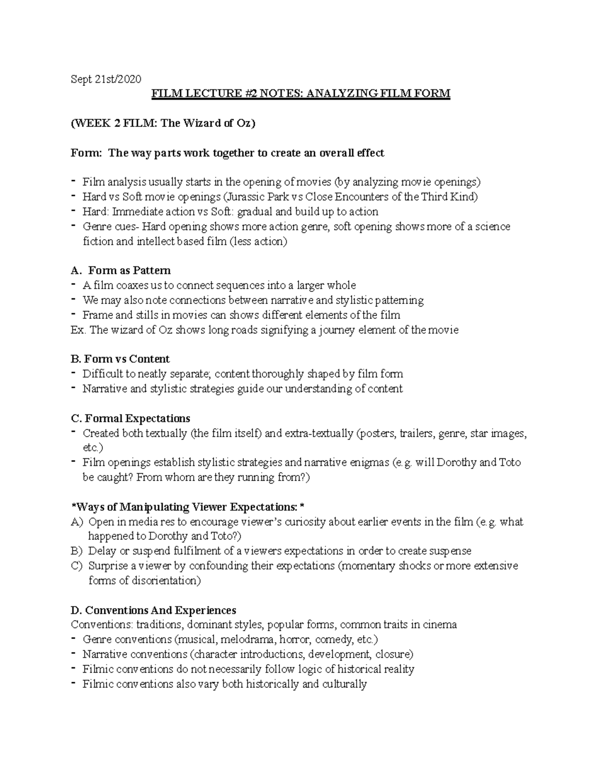 FILM Lecture #2: The Wizard of Oz+ How to evaluate films - Sept 21st ...