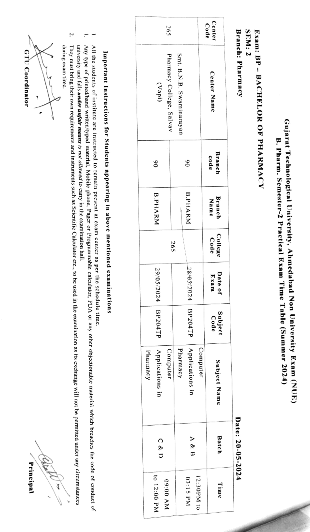 Non Gtu Practical Time Table Gtu Duringexamtime Theymust Fallsand Under Unfair Means Notis