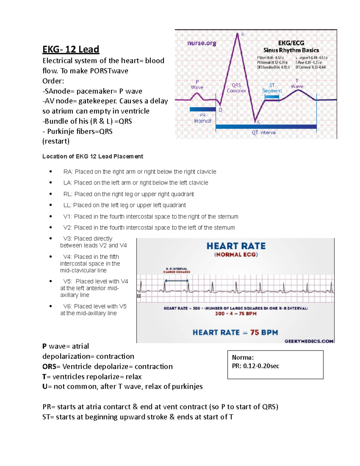 ECG NURSING NOTES - EKG- 12 Lead Electrical system of the heart= blood ...