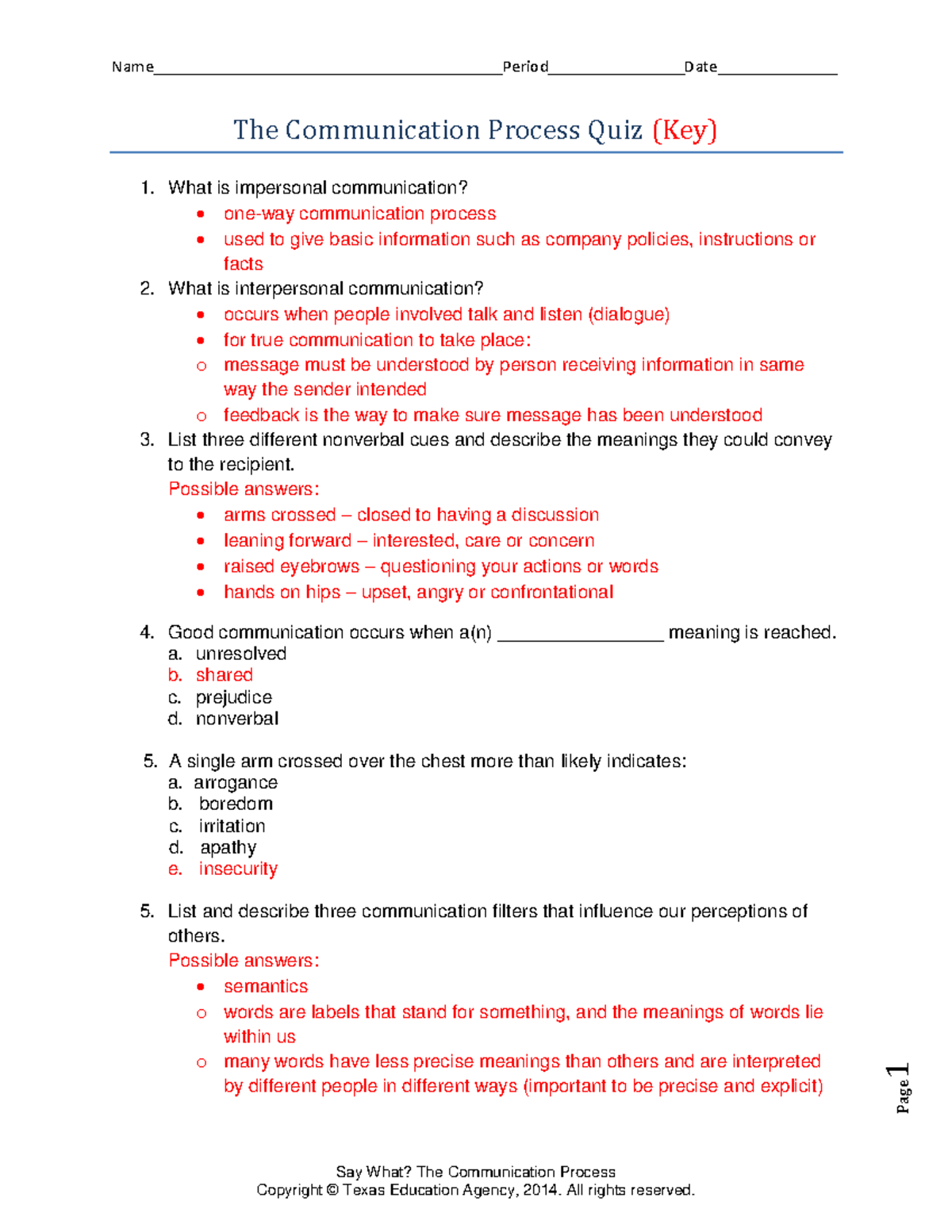 The Communication Process Quiz Key - Say What? The Communication ...