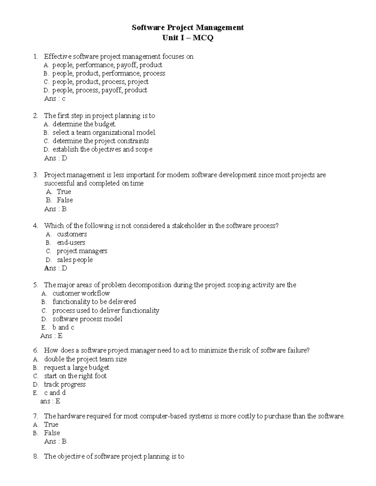 SPM Unit I MCQ - PREPARATION FOR EXAM - Software Project Management ...