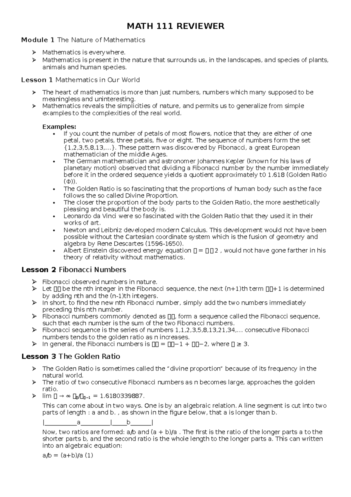 MATH-111-Reviewer - aaaa - MATH 111 REVIEWER Module 1 The Nature of ...