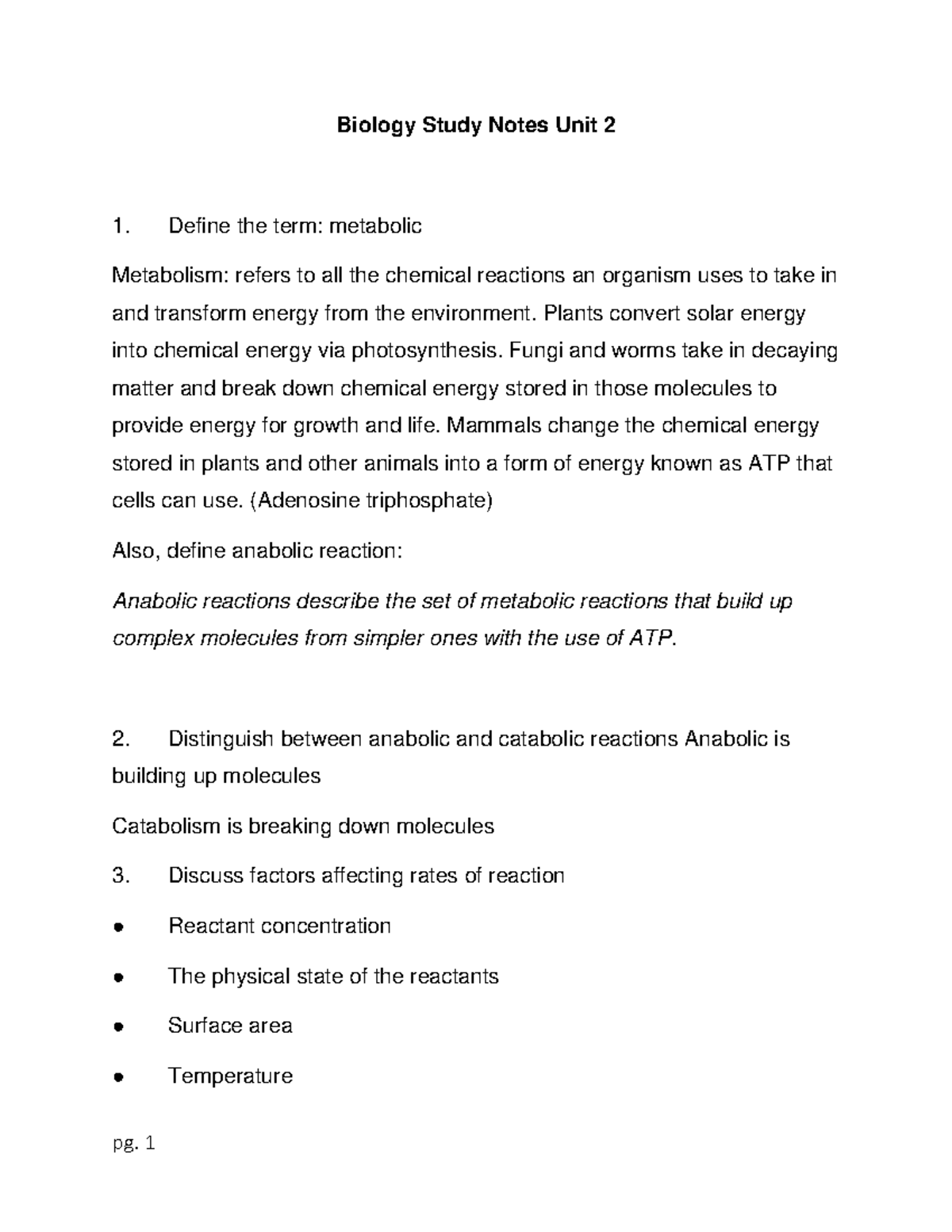 Biology Study Notes Unit 2 - Plants convert solar energy into chemical ...