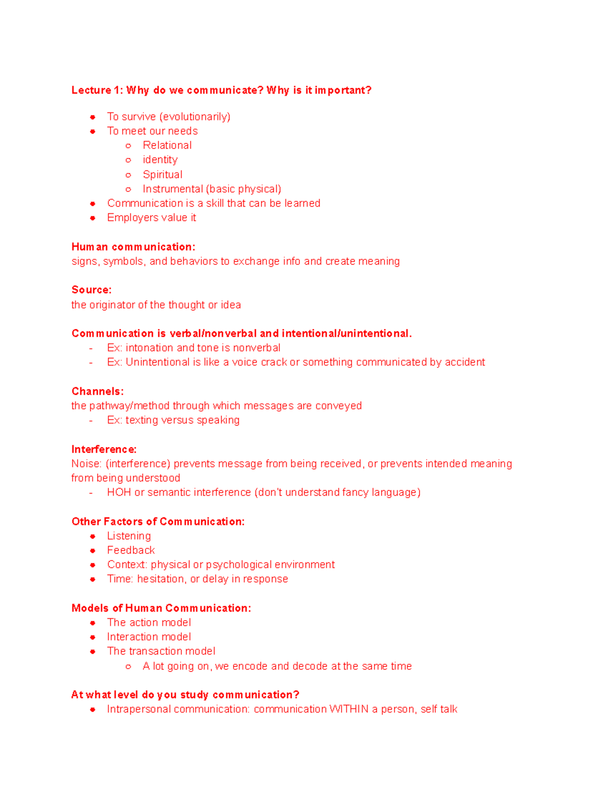 COMM Exam 1 Full Study Guide and Cheat Sheet - Lecture 1: Why do we ...