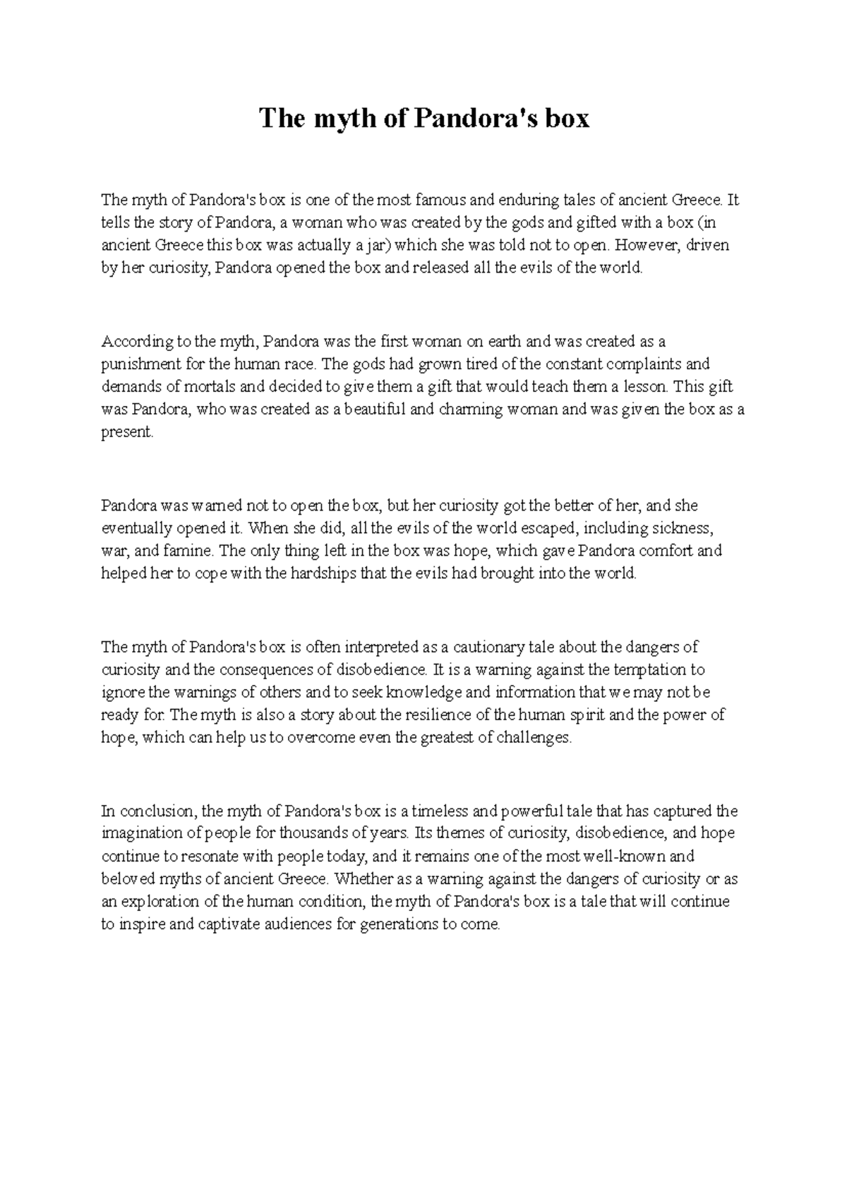 The myth of Pandora - It tells the story of Pandora, a woman who was ...