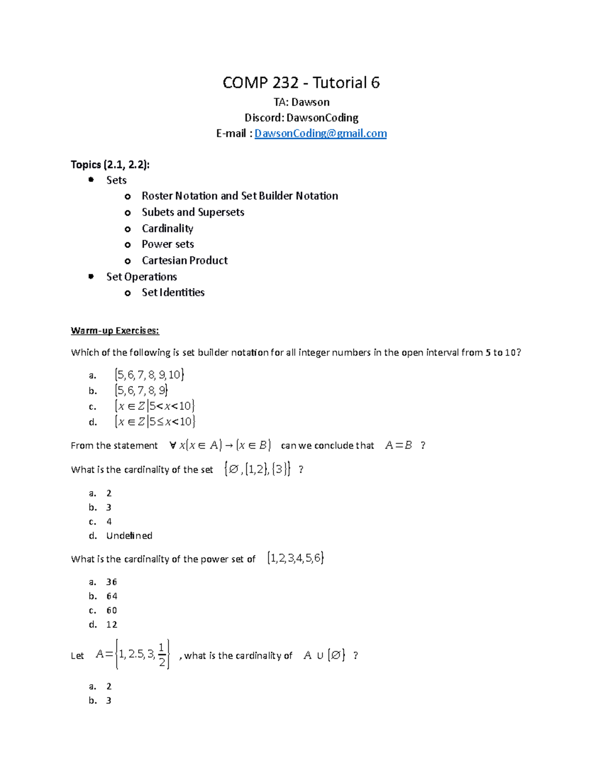COMP232 Tutorial 06 with Answers - COMP 232 - Tutorial 6 TA: Dawson Discord: DawsonCoding E-mail ...