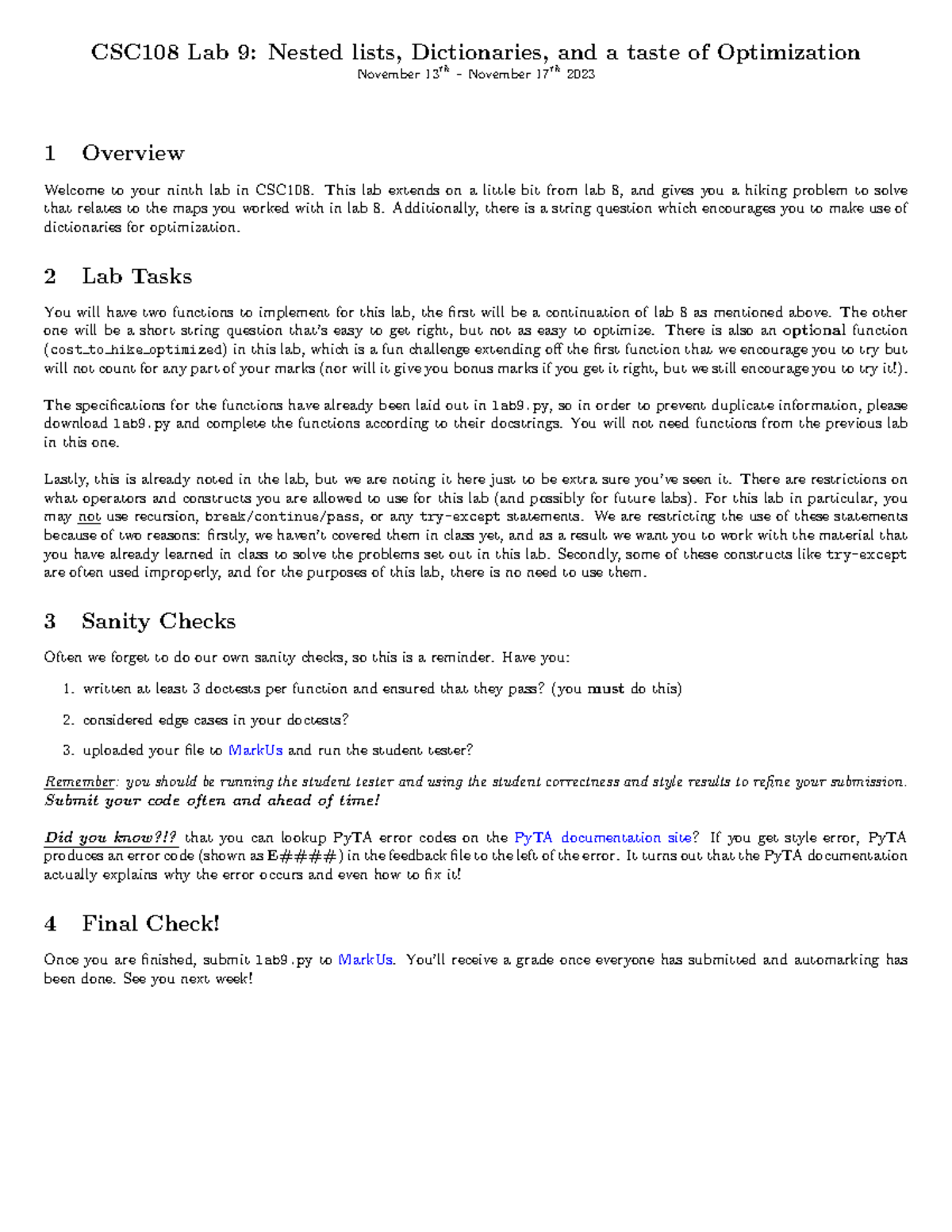 Lab9 - lab 9 - CSC108 Lab 9: Nested lists, Dictionaries, and a taste of Optimization November ...