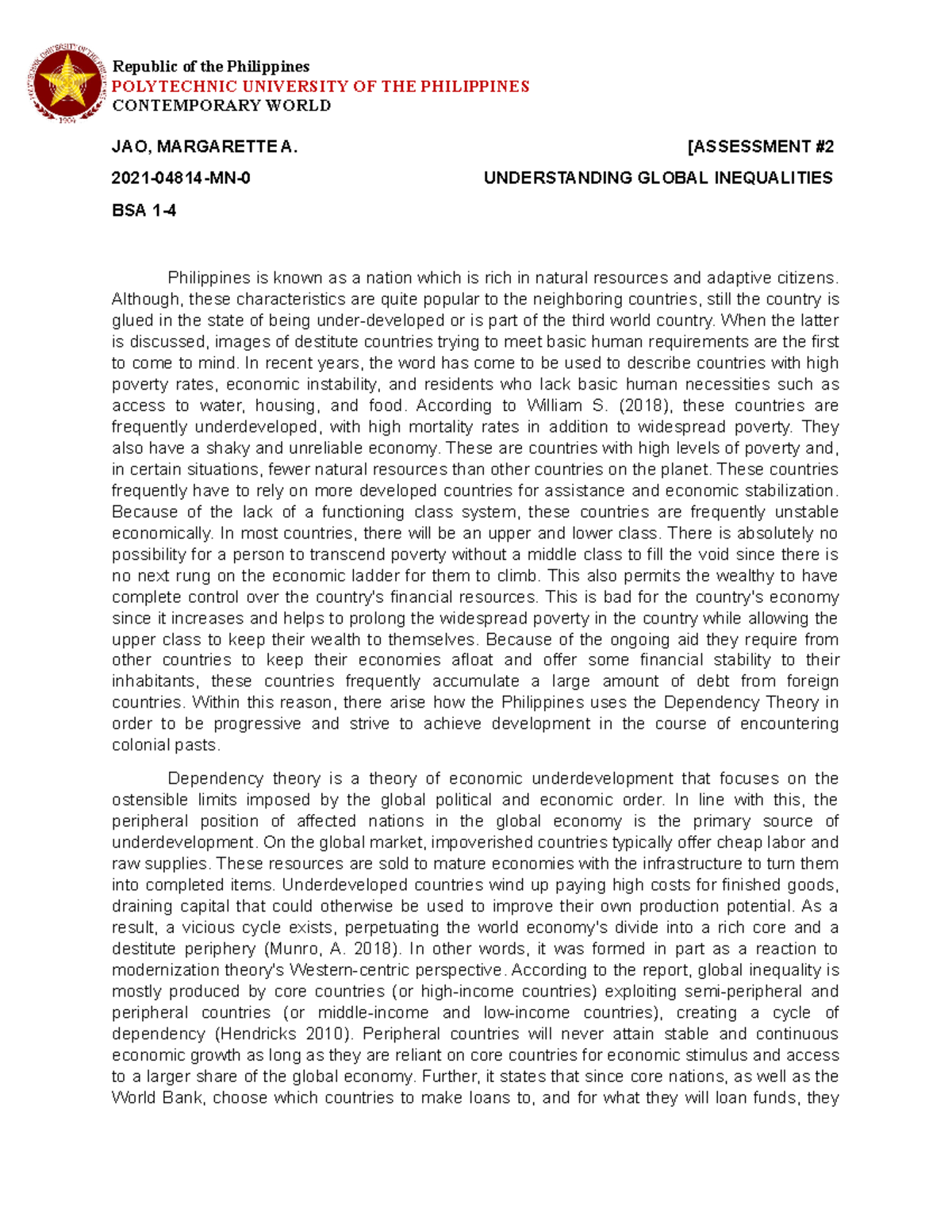 [ Sample] Last Name, First Name Assessment # - Copy - POLYTECHNIC ...