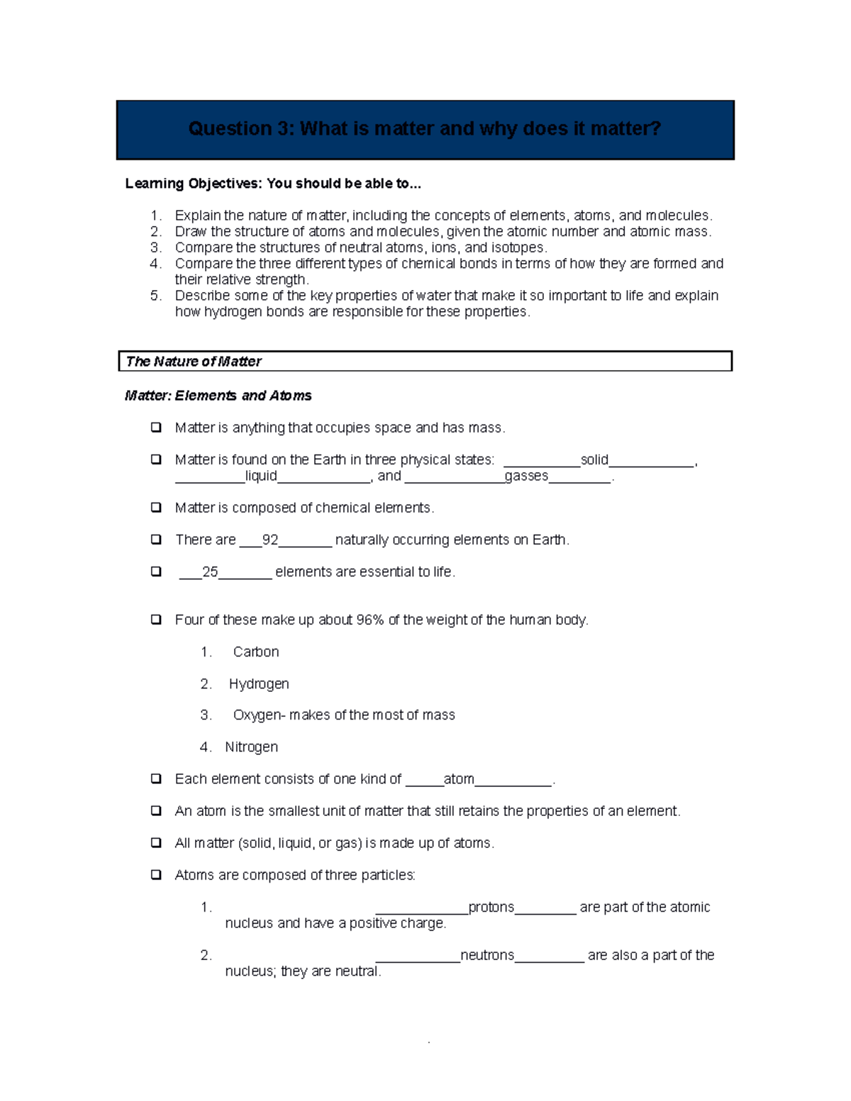 3 - Notes - Question 3: What is matter and why does it matter? Learning ...