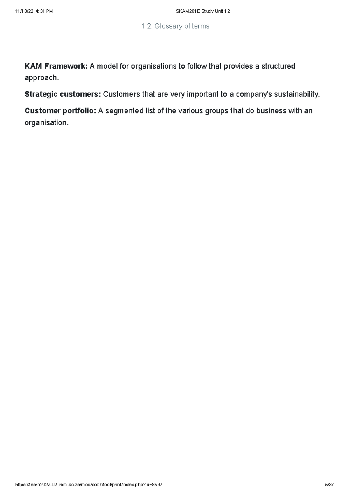 SKAM201B Study Unit 12 - Slides of the unit - 1. Glossary of terms KAM ...