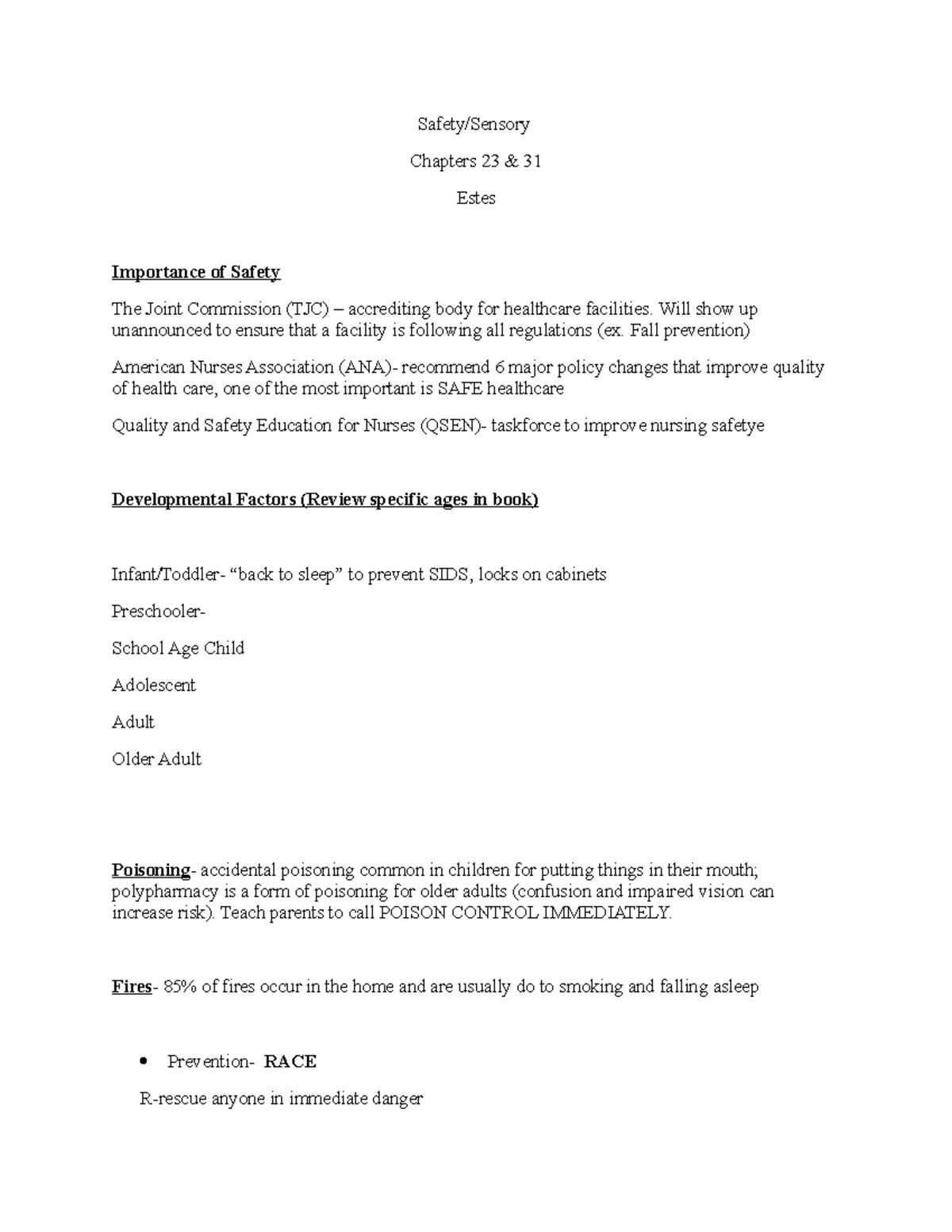 Safety and Sensory Alterations Notes - Safety/Sensory Chapters 23 & 31 ...