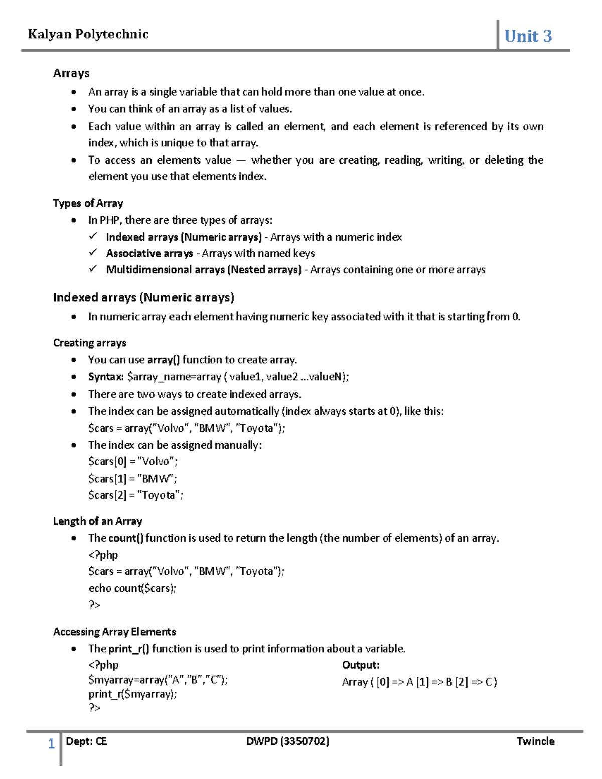 DWPD Unit-3 - not have much info - Arrays An array is a single variable ...