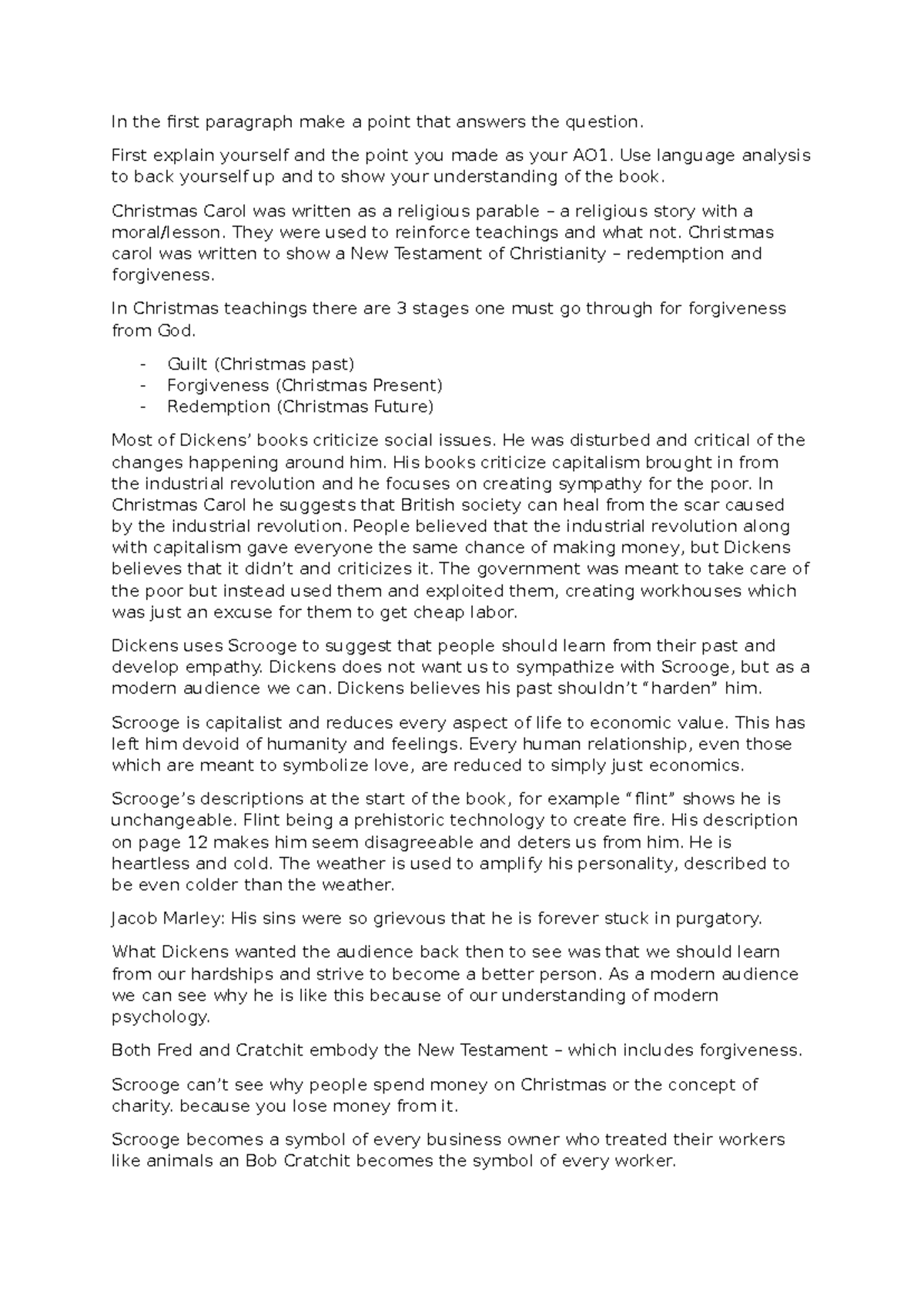 Christmas Carol - In the first paragraph make a point that answers the ...