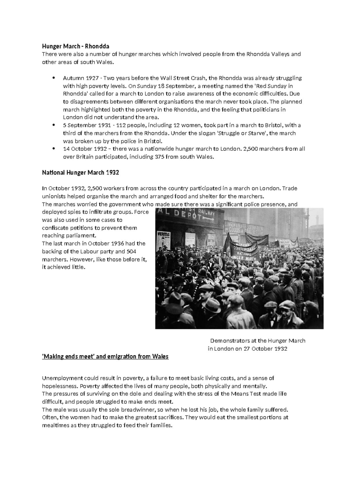 Life during the depression unit 1 history - Hunger March - Rhondda ...