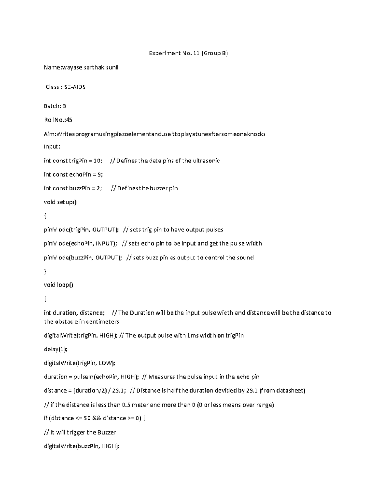 IOT 11 - Experiment No. 11 (Group B) Input: int const trigPin = 10 ...