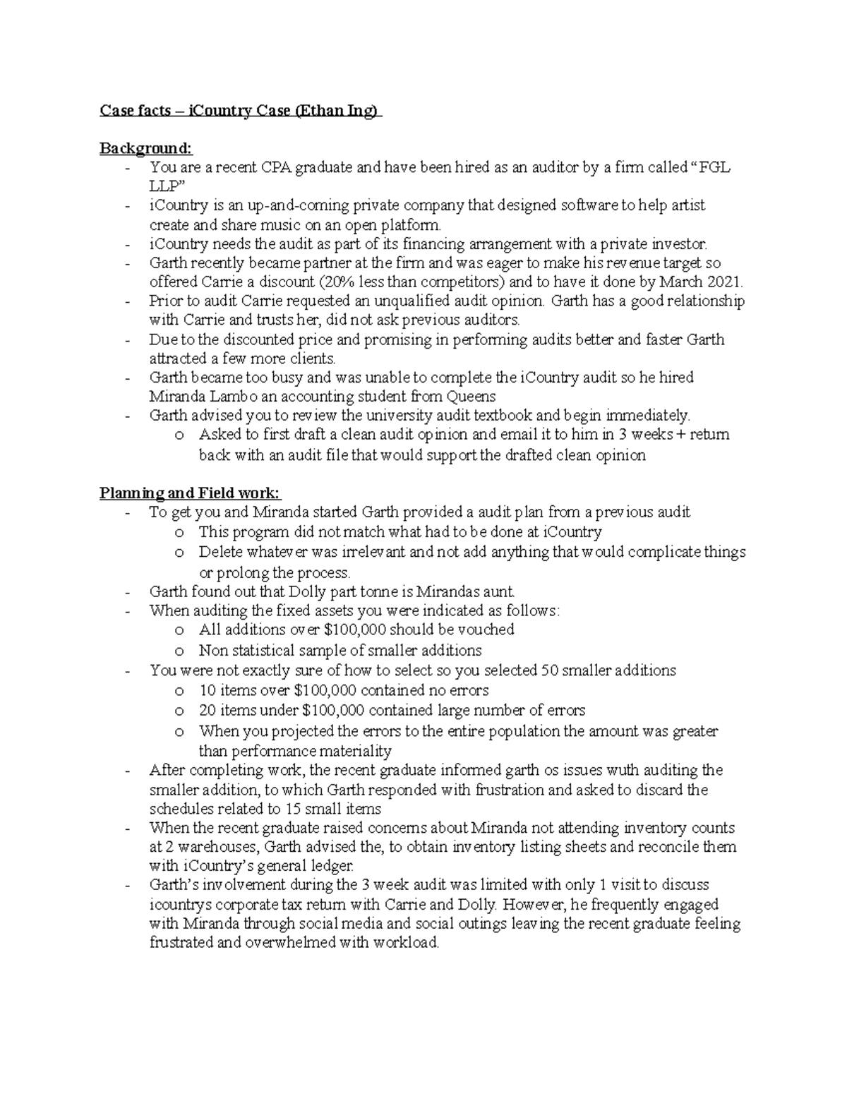 ACCT4350 - Case facts - Case facts – iCountry Case (Ethan Ing ...