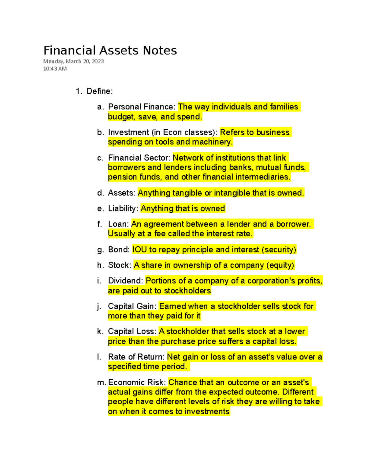 Financial Assets Notes - Financial Assets Notes Monday, March 20 ...