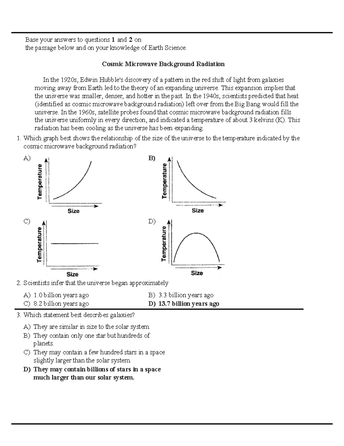 1 structure of the universe and the big bang answers - Base your ...