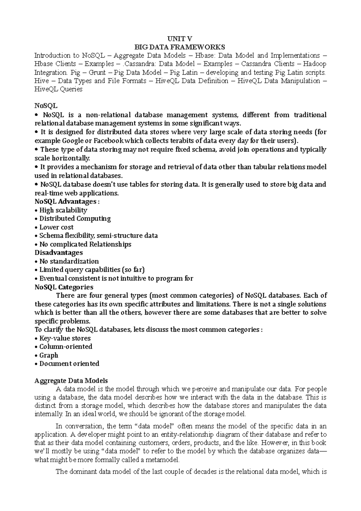 Uint-5 Big data Frameworks - UNIT V BIG DATA FRAMEWORKS Introduction to NoSQL – Aggregate Data ...