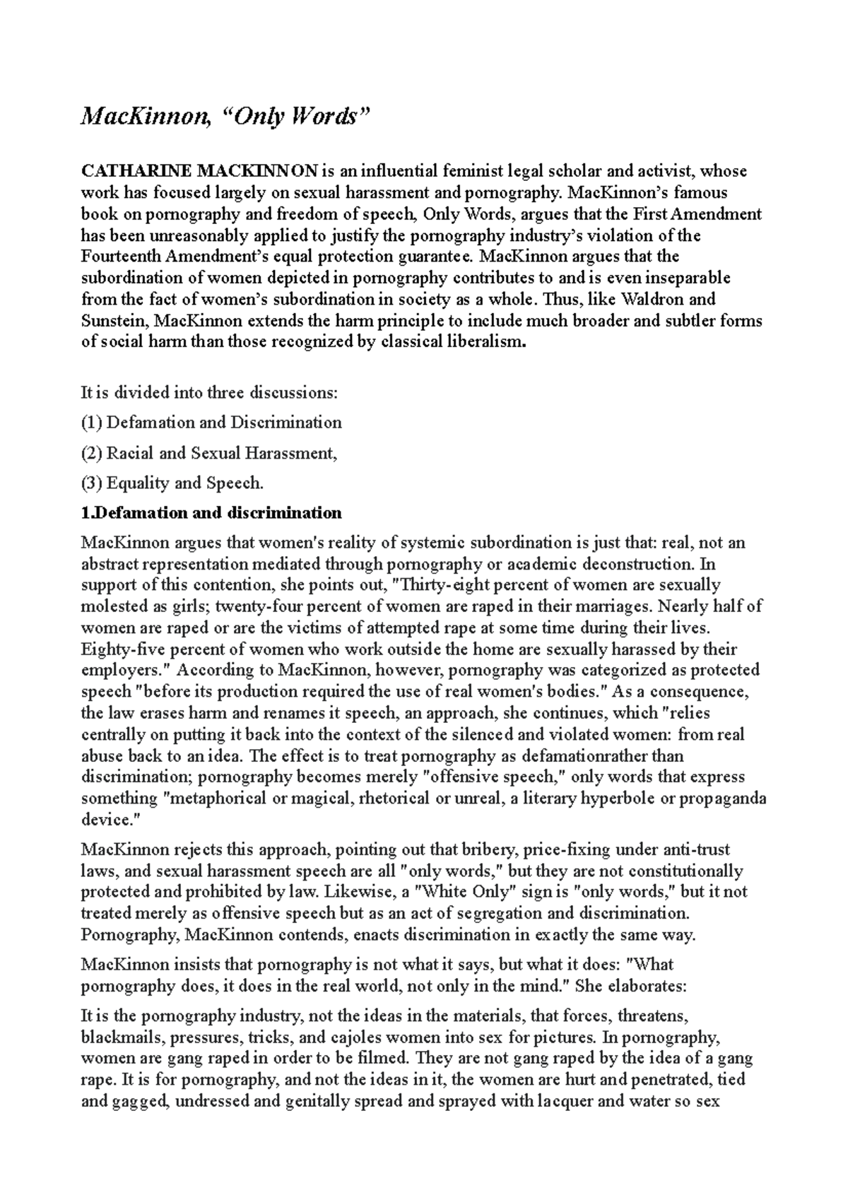 Mac Kinnon- Only Words - MacKinnon, “Only Words” CATHARINE MACKINNON is ...