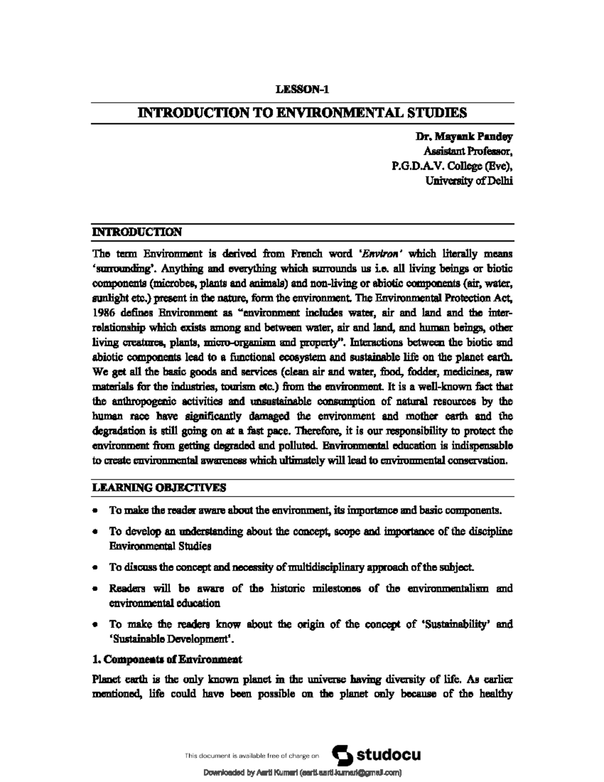 UNIT-1 EVS - INTRODUCTION TO ENVIRONMENTAL STUDIES Dr. Mayank Pandey ...