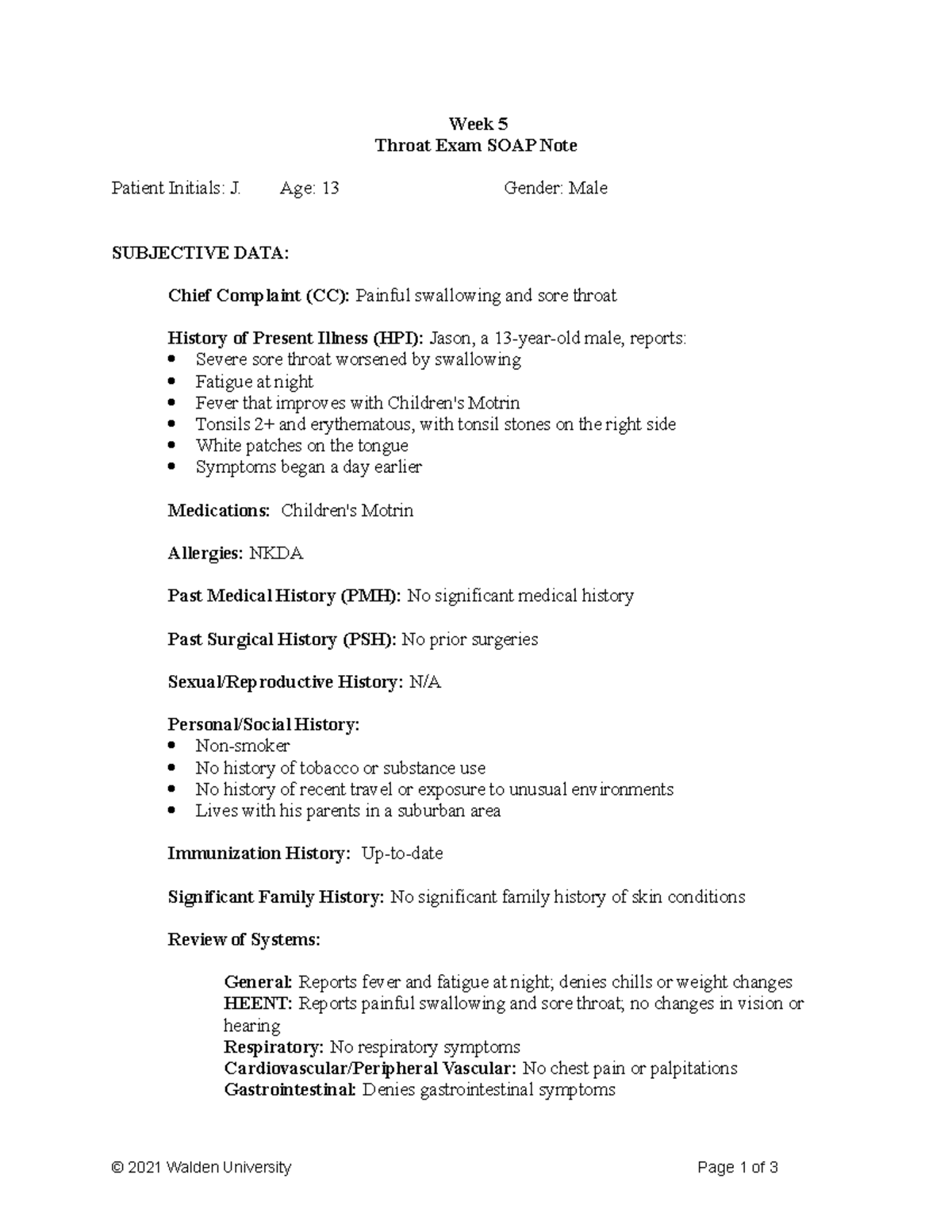 WK5Assign 1+Nnaji+J+ SOAP+NOTE - Week 5 Throat Exam SOAP Note Patient ...