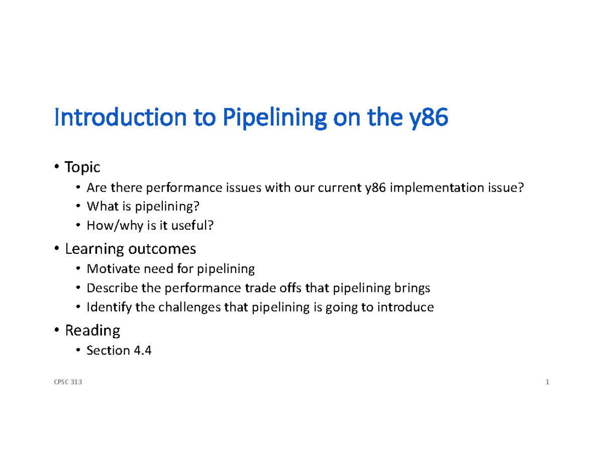 Y86-pipeintro - Pre Class Activity - Introduction to Pipelining on the y8 6 " Topic " Are - Studocu