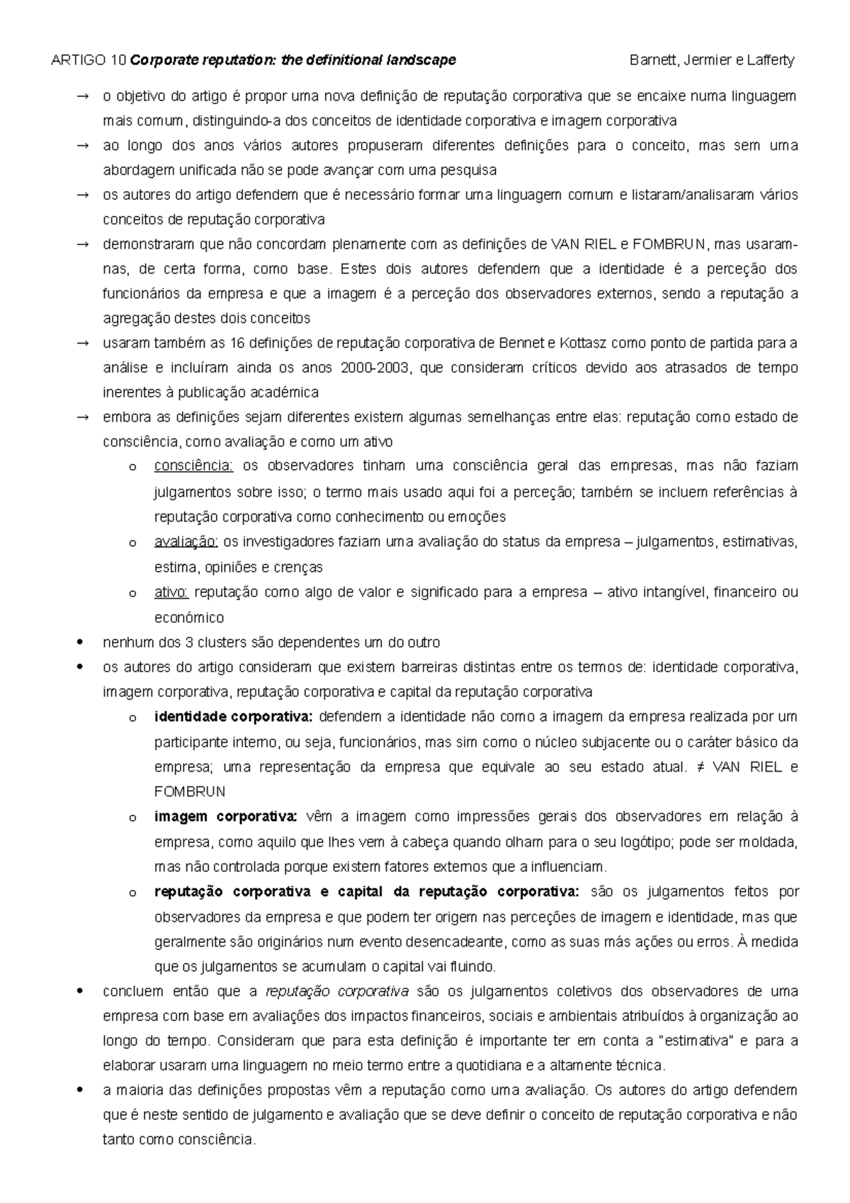 Resumo: Corporate reputation: the definitional landscape Barnett ...