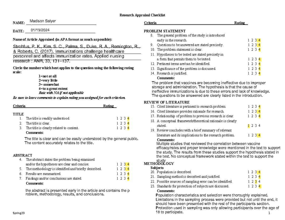 Research - Critical Appraisal - Strohfus - Critique - Spring23 1 ...