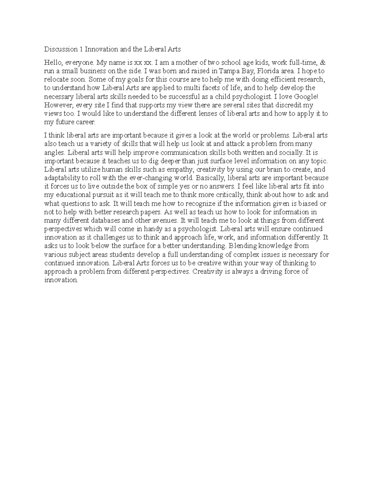 Module 1 Discussion Innovation and the Liberal Arts - Discussion 1 ...