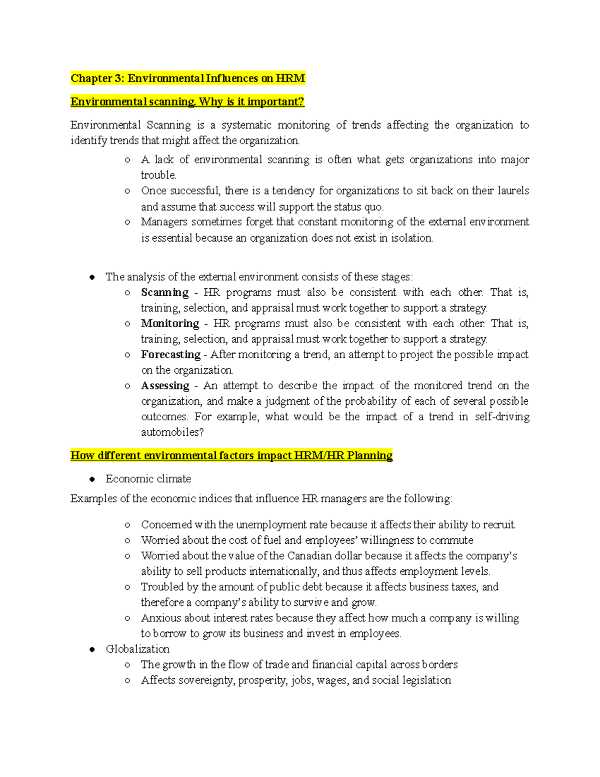 Chap 3 HRP - Lecture notes - Chapter 3: Environmental Influences on HRM ...