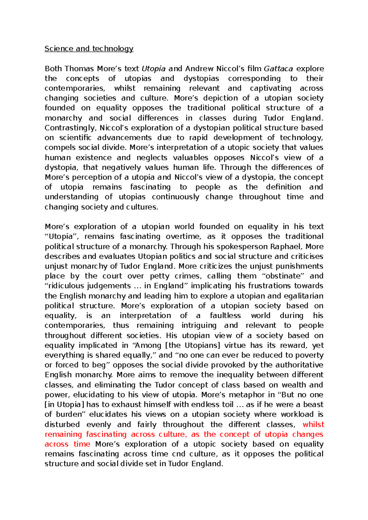 Utopia vs Gattaca Paragraphs - Science and technology Both Thomas More ...
