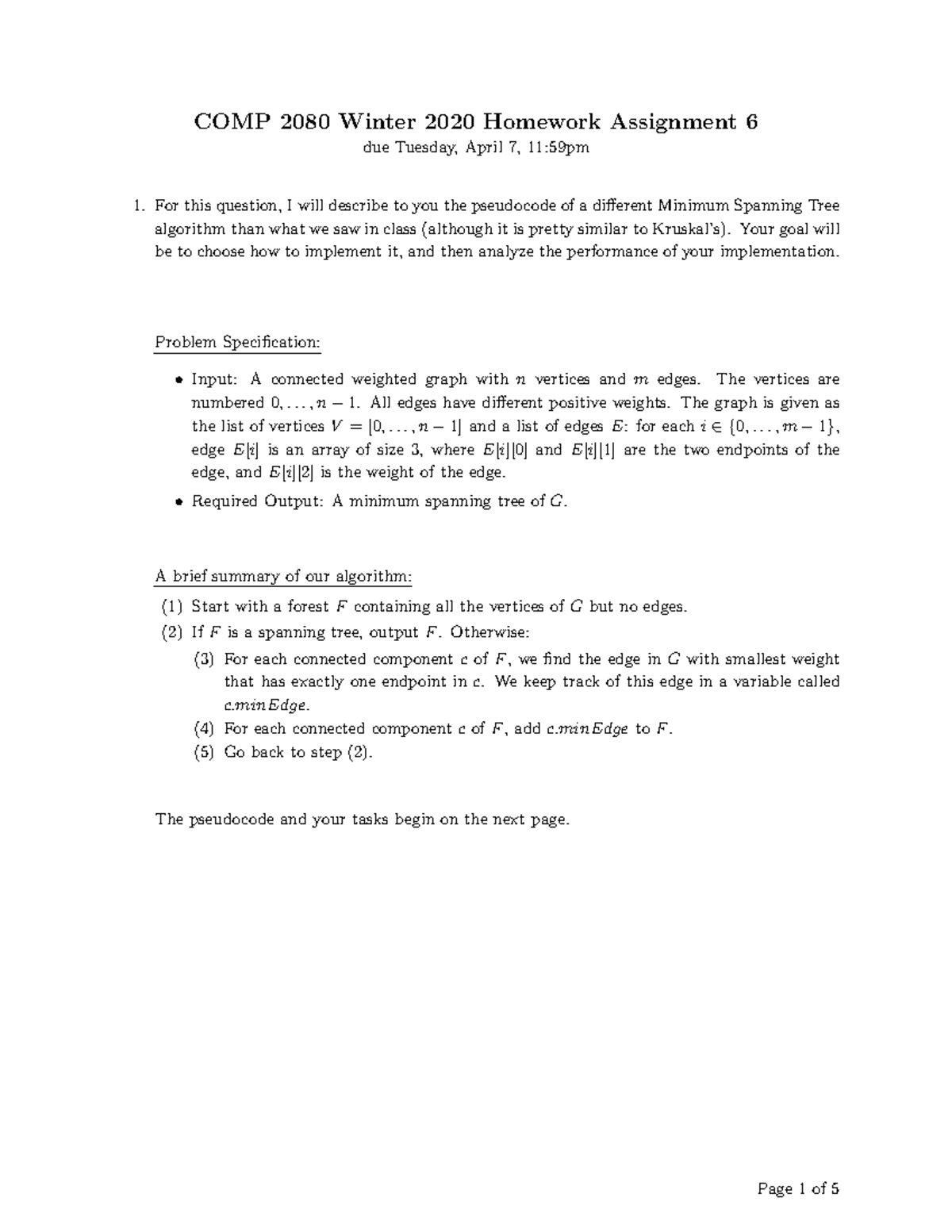 Assignment 6-Questions - COMP 2080 Winter 2020 Homework Assignment 6 due Tuesday, April 7, 11 ...