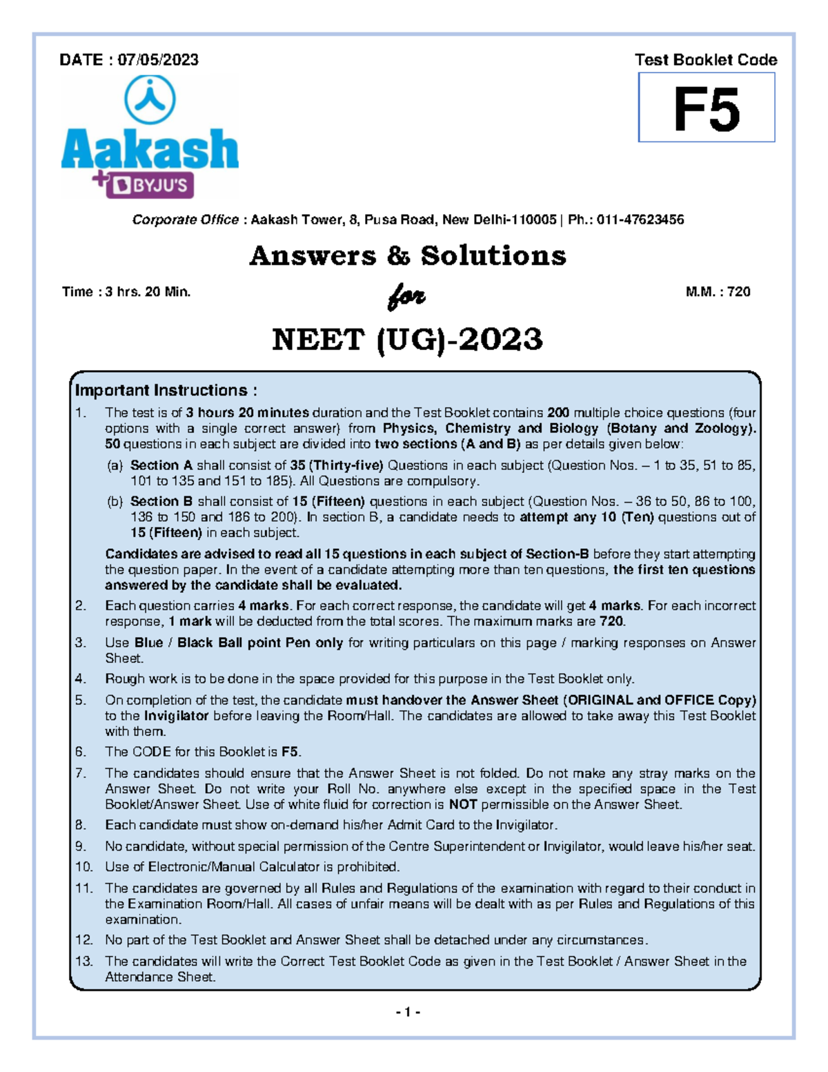 Answer Solution NEET-2023 (Code-F5) Final - Corporate Office : Aakash ...