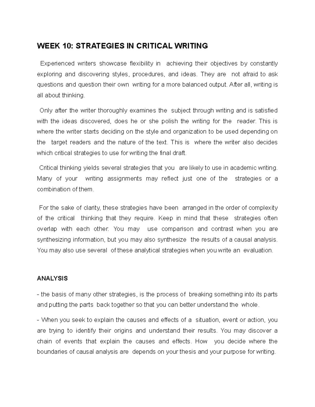 Week 10 crwt - midterms notes - WEEK 10: STRATEGIES IN CRITICAL WRITING ...