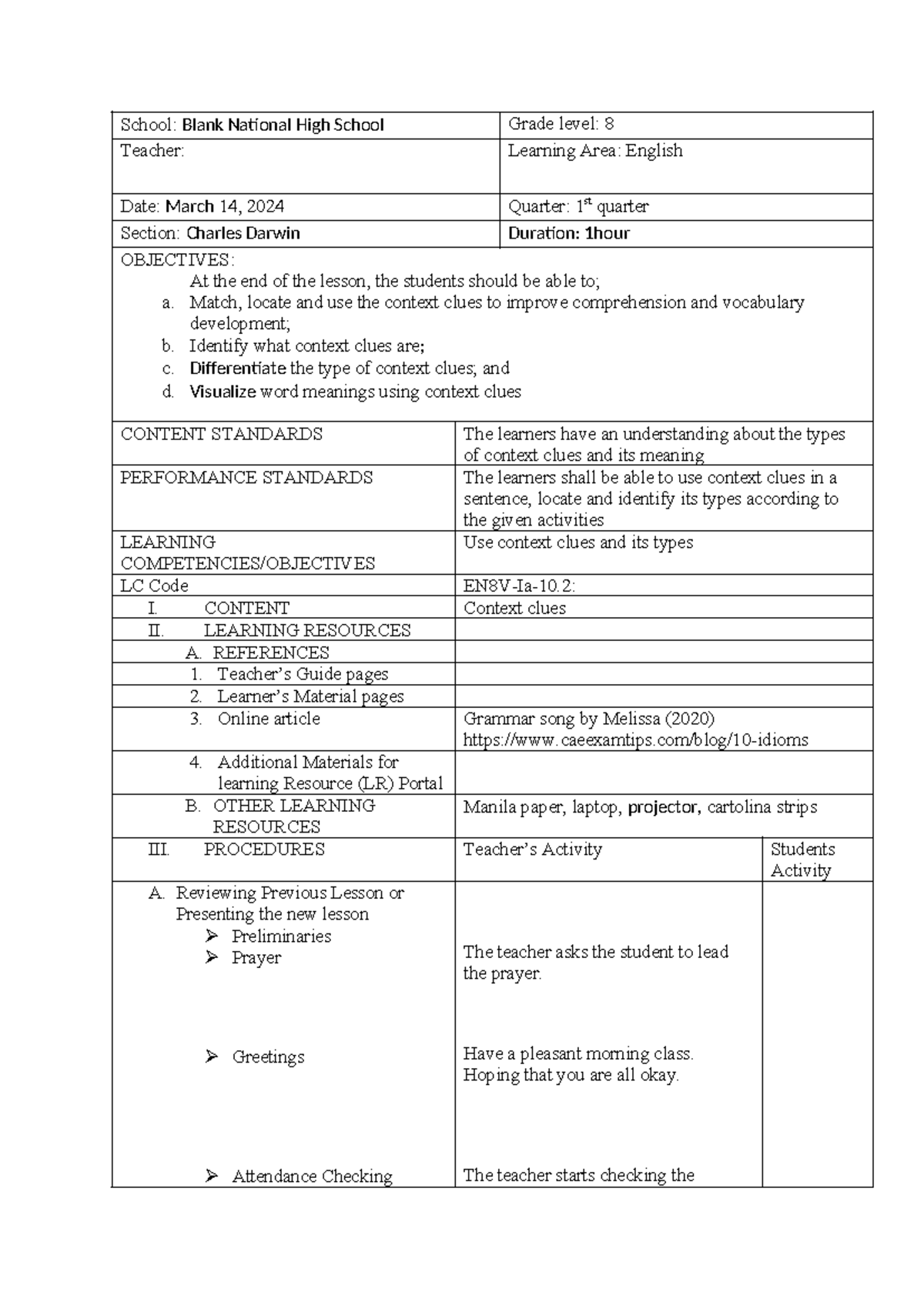 English Lesson Plan - School: Blank National High School Grade level: 8 ...