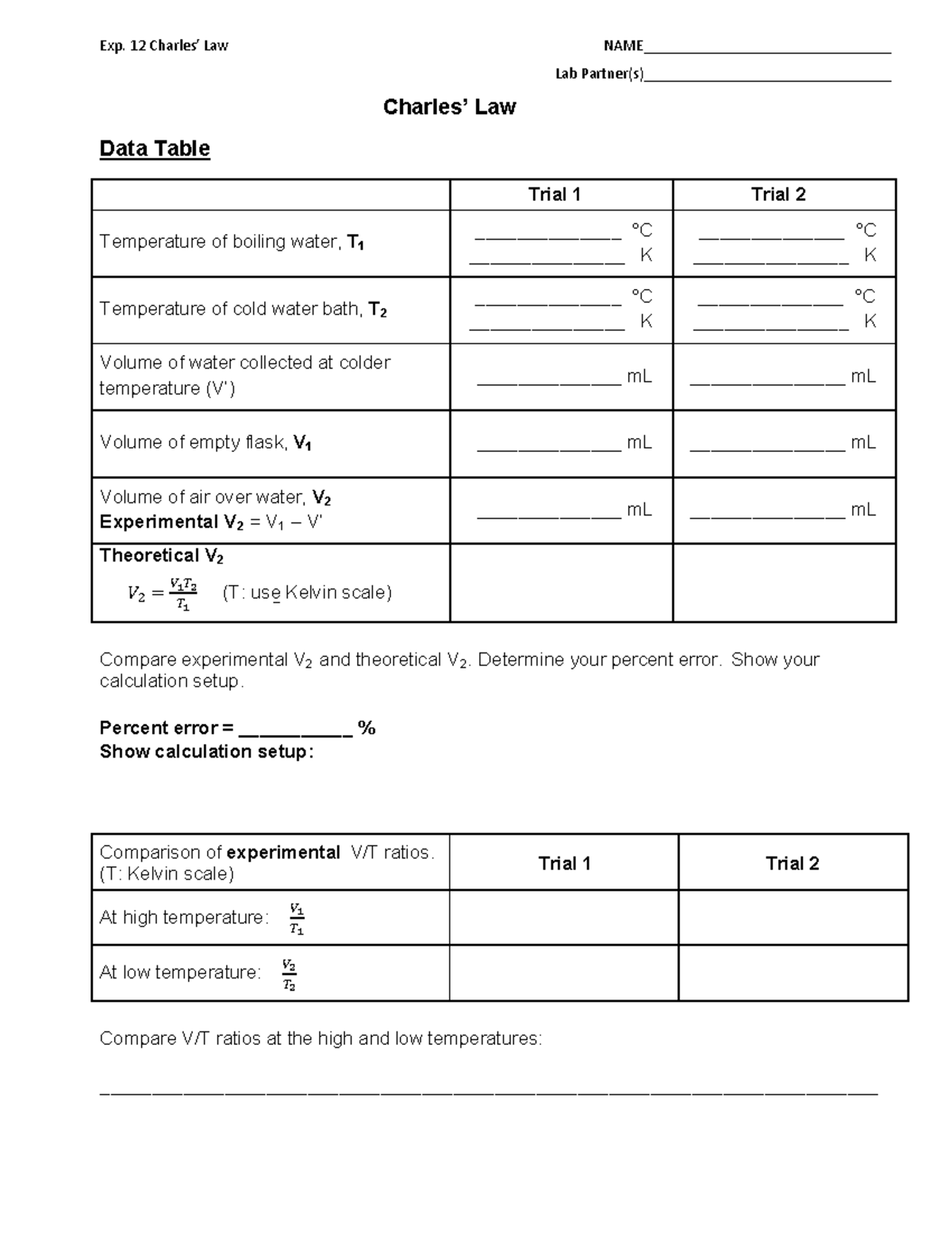 Charles Law Data Table and Calculations - Exp. 12 Charles’ Law NAME