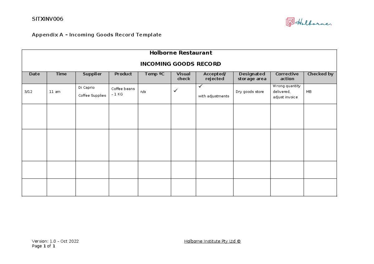 4 - Sitxinv 006 - Appendix A - Incoming Goods Record - SITXINV Appendix ...